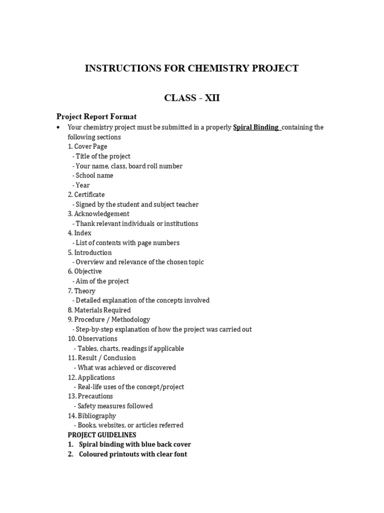 Chemistry Project Instructions Class 12 | PDF