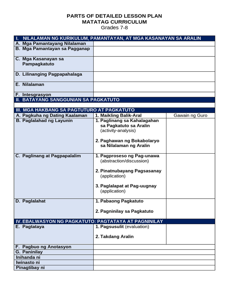 Parts of Detailed Lesson Plan | PDF
