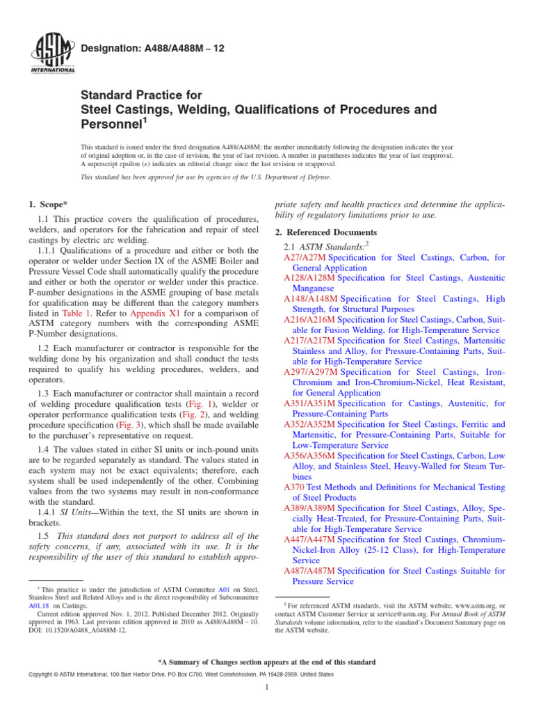 A488A488M-12 Standard Practice for Steel Castings, Welding ...