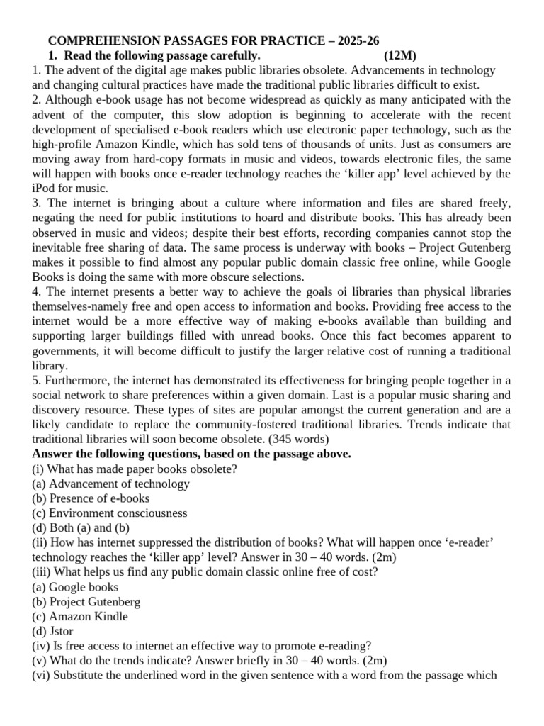 Comprehension Practice Passages 2025-26 | PDF | Vocational Education ...