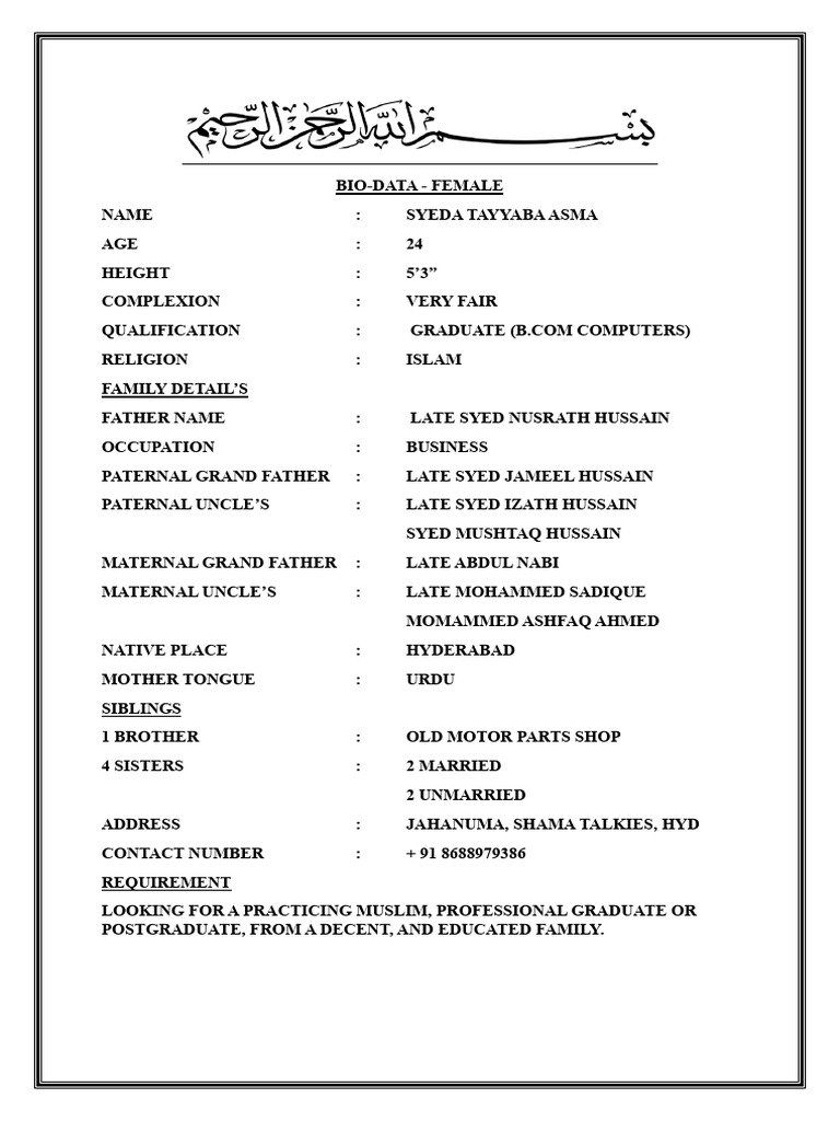 BIO Data Tayyaba | PDF