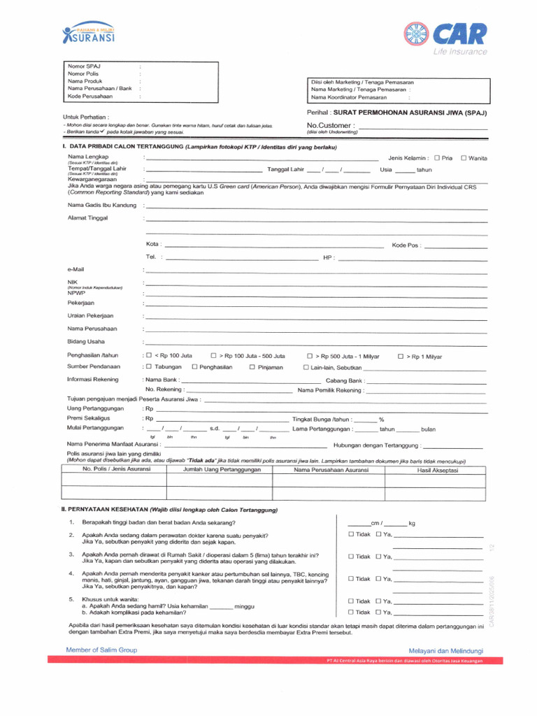 Form Asuransi CAR | PDF