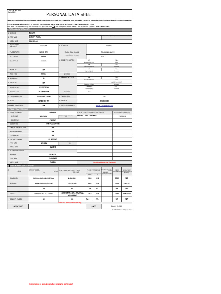 Personal Data Sheet Template | PDF | Government And Personhood | Government