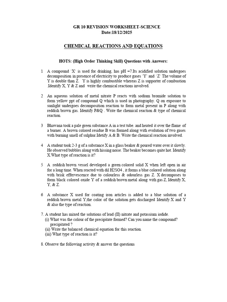 Grade 10 Science: Chemical Reactions Worksheet | PDF | Digestion | Pancreas