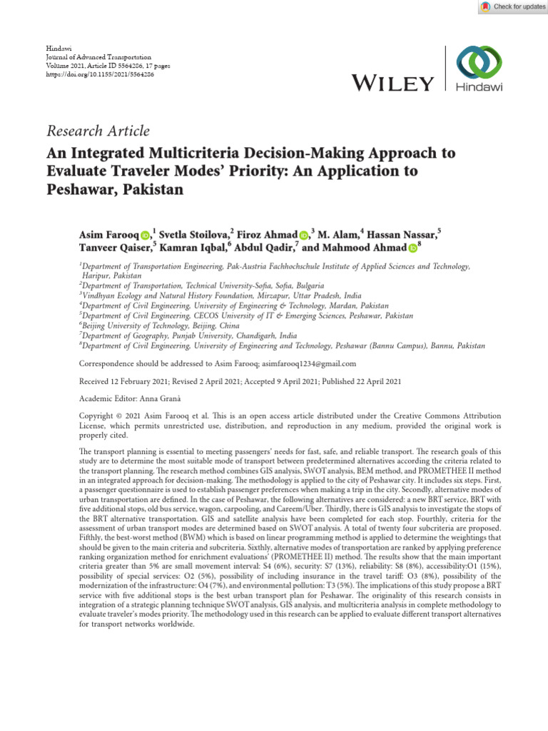 Journal of Advanced Transportation - 2021 - Farooq - An Integrated ...