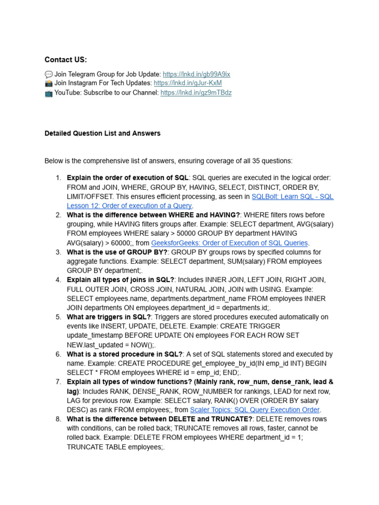 35 SQL Detailed Question List and Answers | PDF | Database Index | Sql