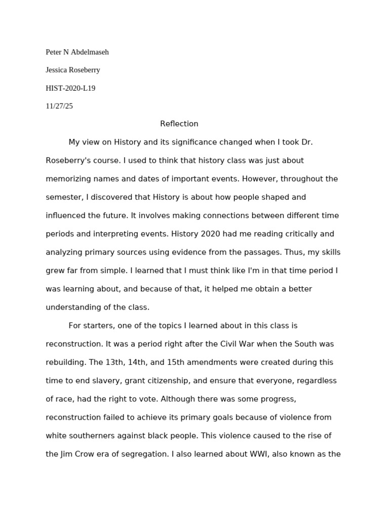 History Reflection | PDF | Reconstruction Era | Southern United States
