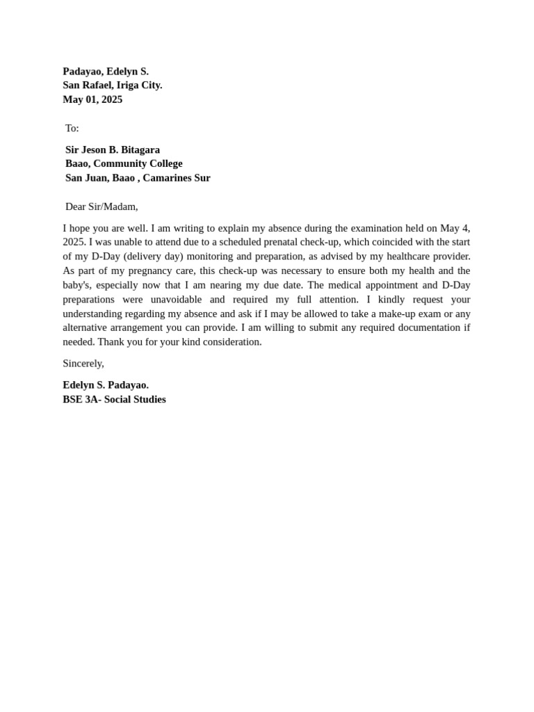 Request for Exam Make-Up Due to Pregnancy | PDF