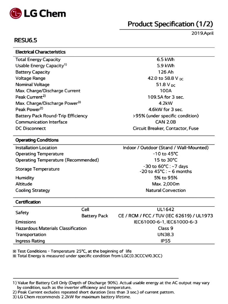 Lg 51.8v 126ah Resu 6.5 Data Sheet | PDF | Power Inverter ...