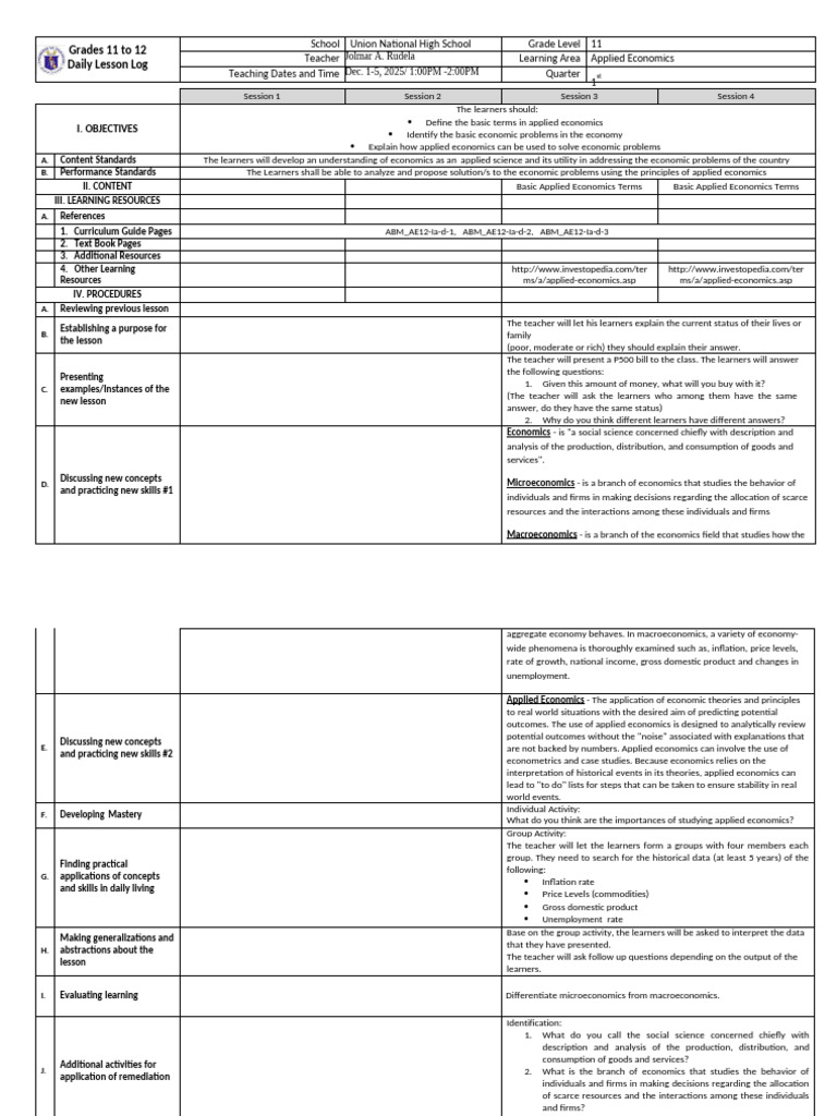 Applied Economics Lesson Plan for Grades 11-12 | PDF | Economics ...