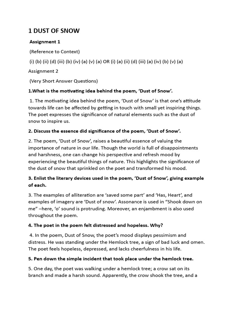 1 DUST of SNOW Question and Answer | PDF | Poetry | Psychology