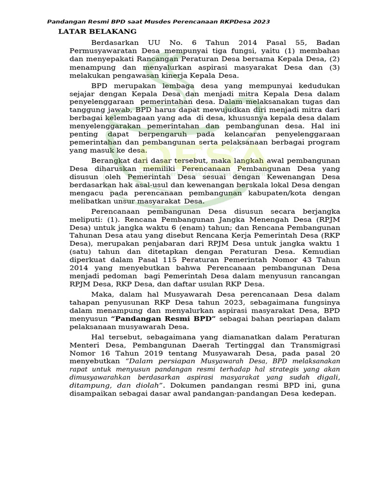 CONTOH Pandangan Resmi BPD Saat Musdes Perencanaan RKPDesa | PDF
