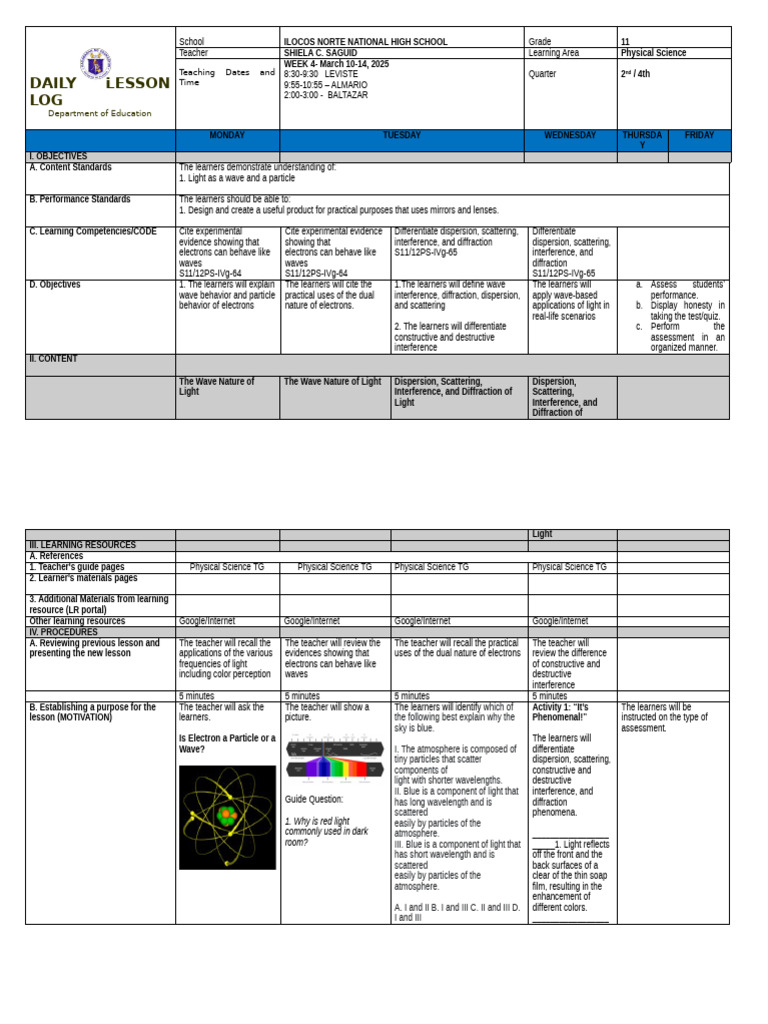 Grade 11 Physical Science Lesson Plan | PDF | Light | Ultraviolet