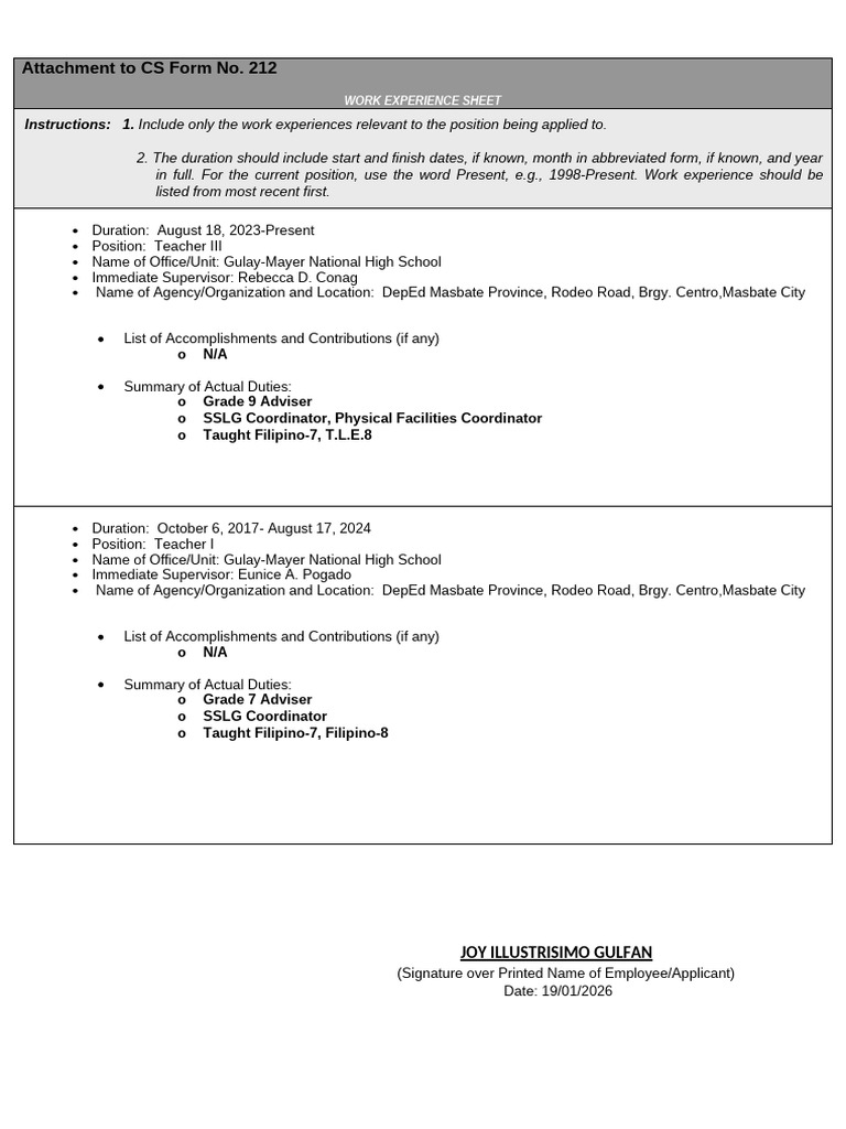 Cs Form No. 212 Attachment Work Experience Sheet 2 Copy | PDF
