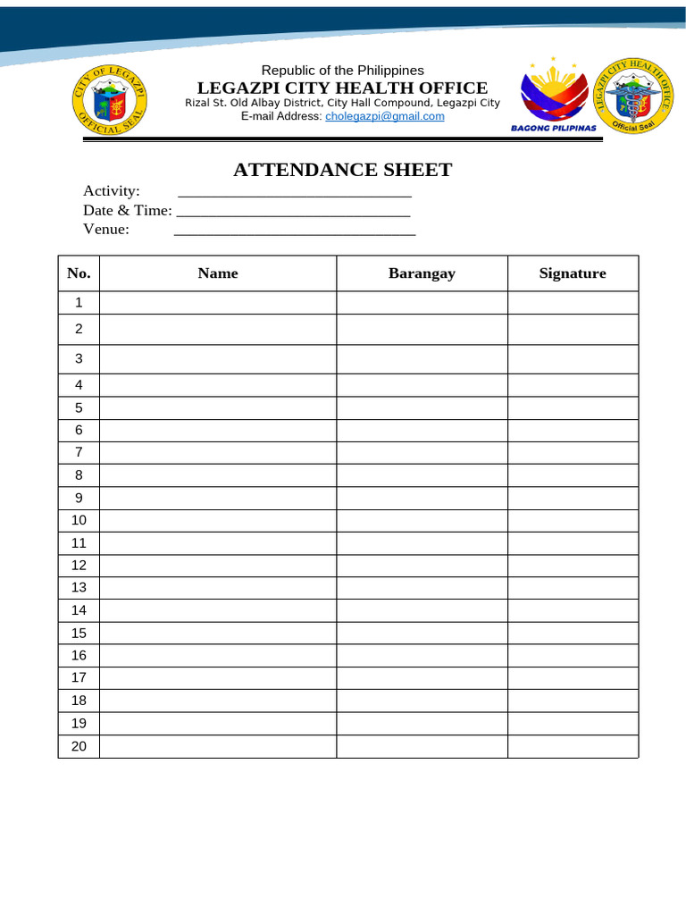 Legazpi City Health Office Attendance Sheet | PDF