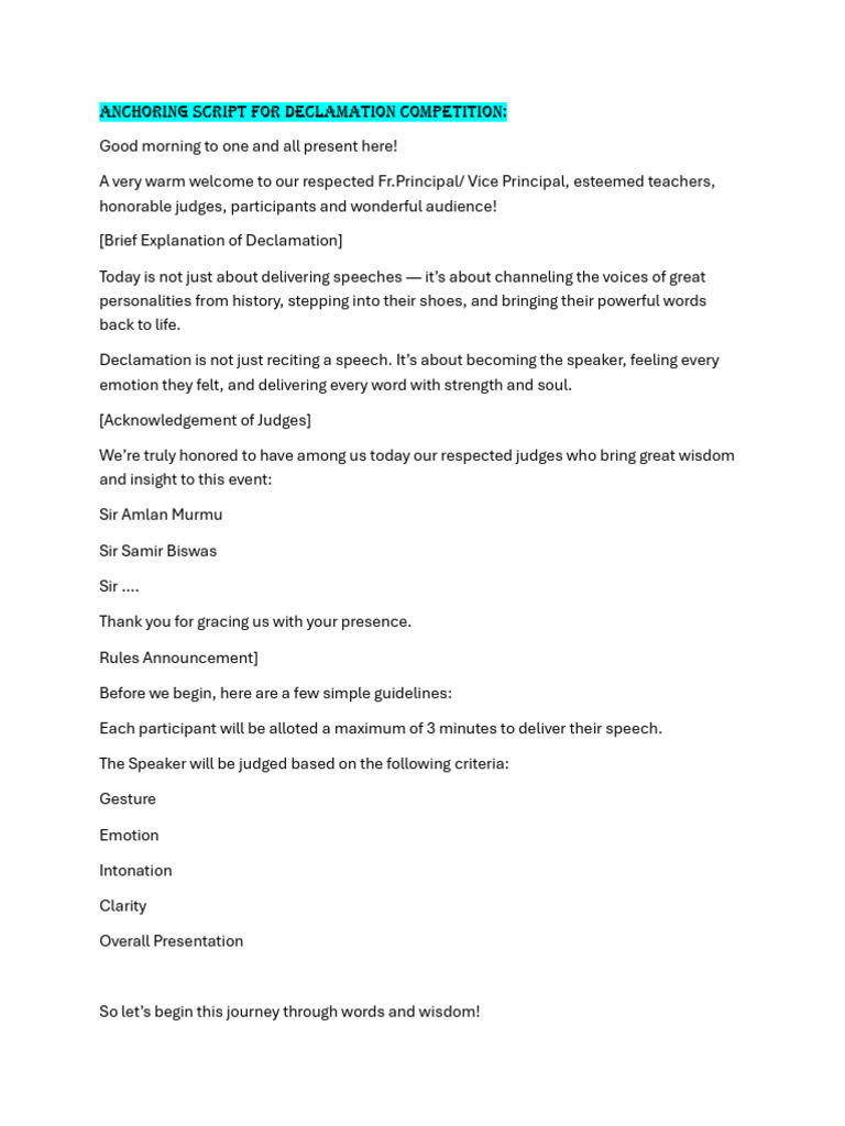 Declamation Competition Anchoring Script | PDF