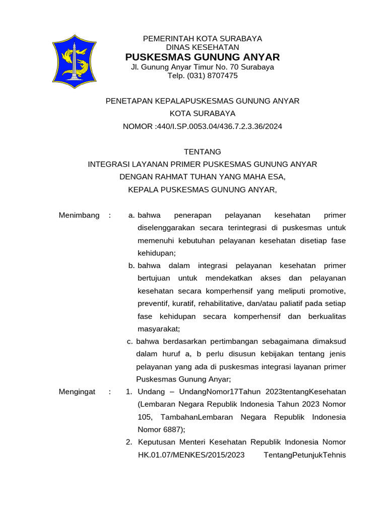 SP Integrasi Layanan Primer Puskesmas Gunung Anyar | PDF