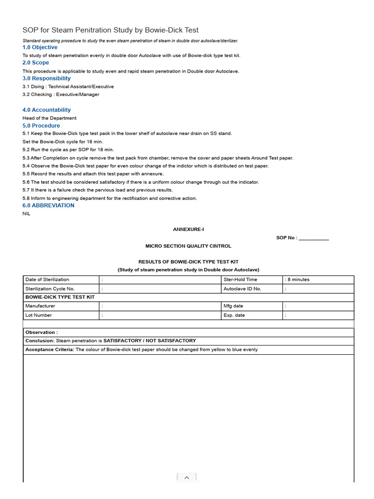 SOP for Steam Penitration Study by Bowie-Dick Test _ Pharmaguideline | PDF