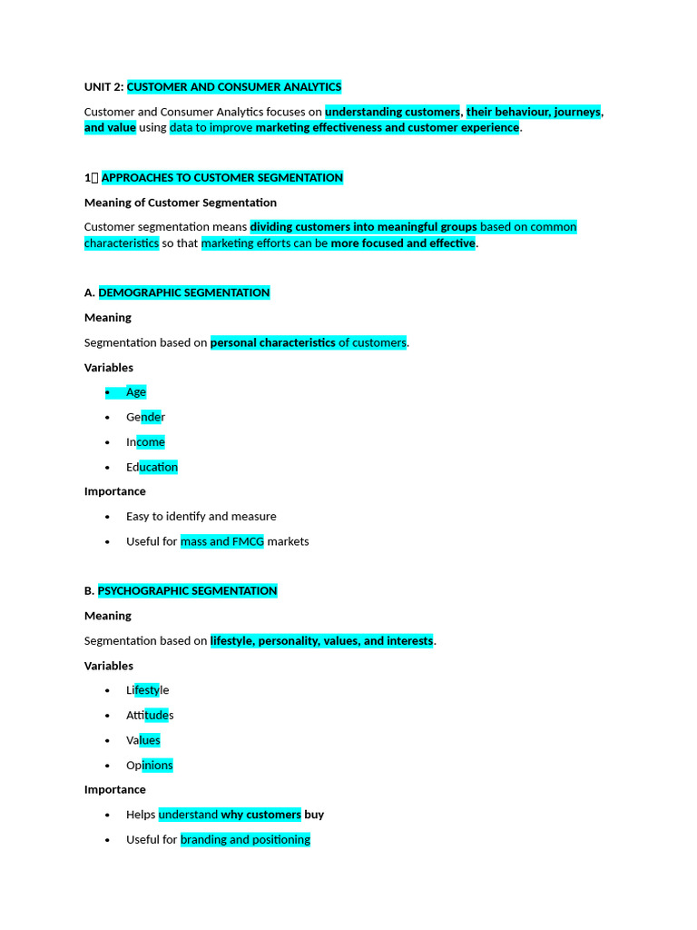 UNIT 2 Marketing Analytics | PDF | Market Segmentation | Customer ...