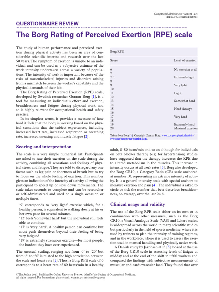 The Borg Rating of Perceived Exertion (RPE) Scale | PDF | Physiology ...