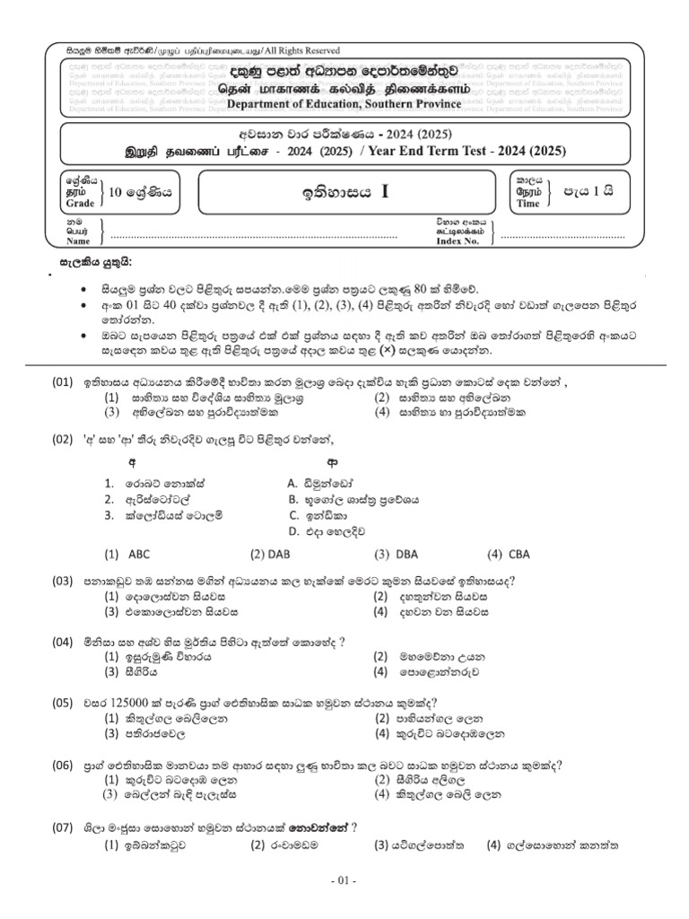 Grade 10 History 3rd Term With Answers 2024 (2) | PDF