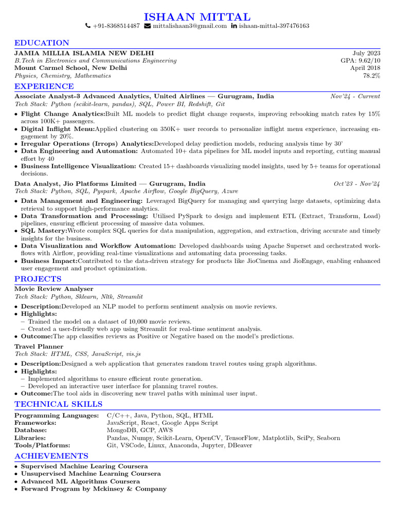 ishaan_mittal_resume | PDF | Machine Learning | Apache Spark