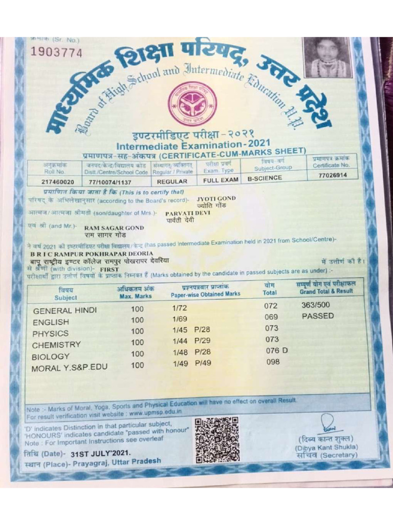 12th Standard or Equivalent Marksheet | PDF