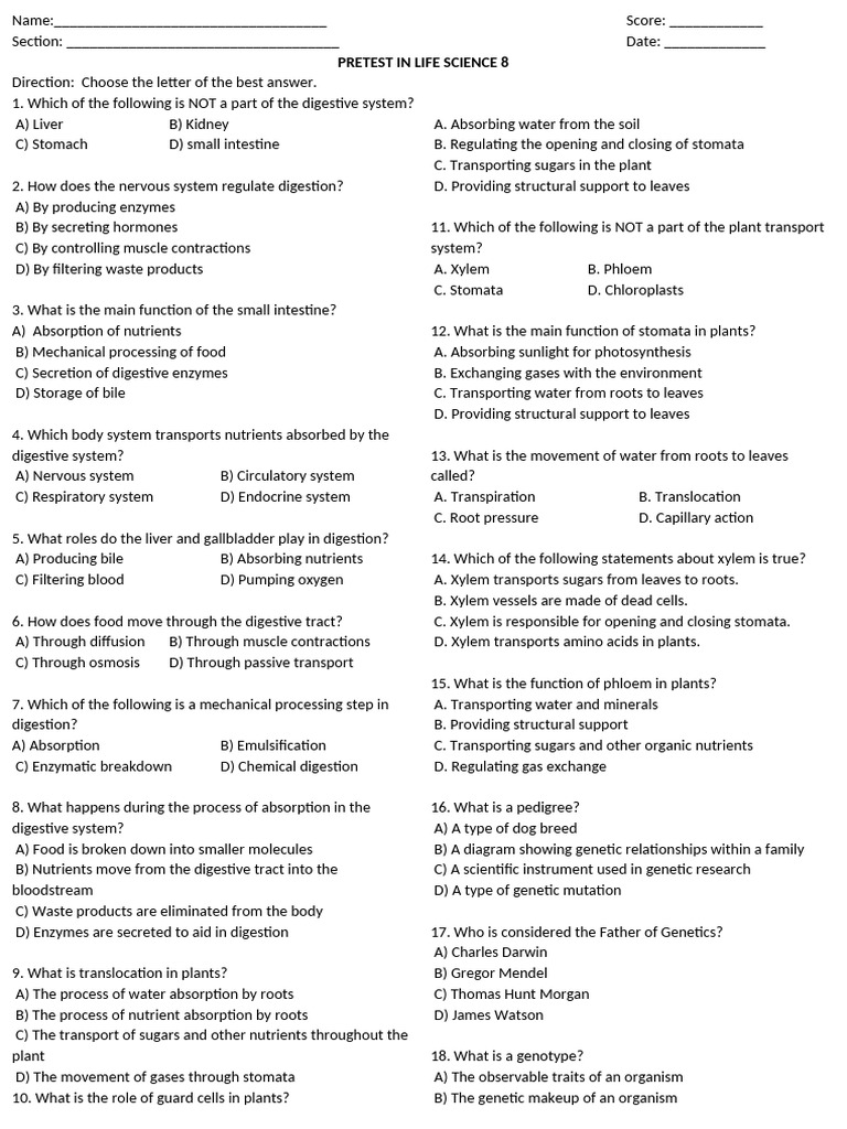 Pre Test_life Science.g8 | PDF | Dominance (Genetics) | Cellular ...