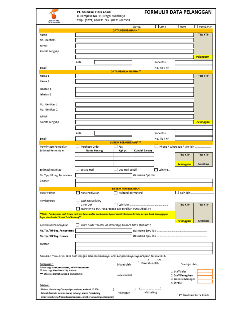 Formulir Pelanggan Bpa | PDF