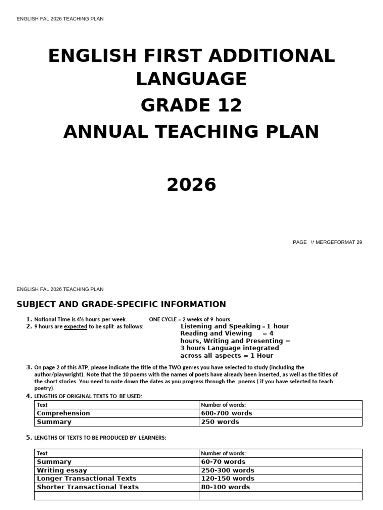 Grade 12 English FAL Teaching Plan 2026 | PDF | Reading Comprehension ...