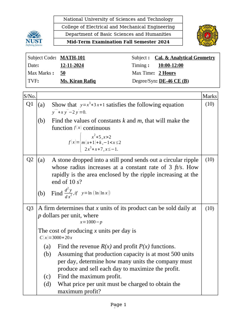 Mid-Term Exam Calculus(101)[1] | PDF | Applied Mathematics | Calculus
