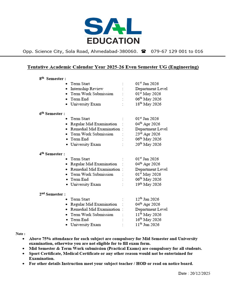 2025-26 Academic Calendar for Engineering | PDF | Academic Term ...