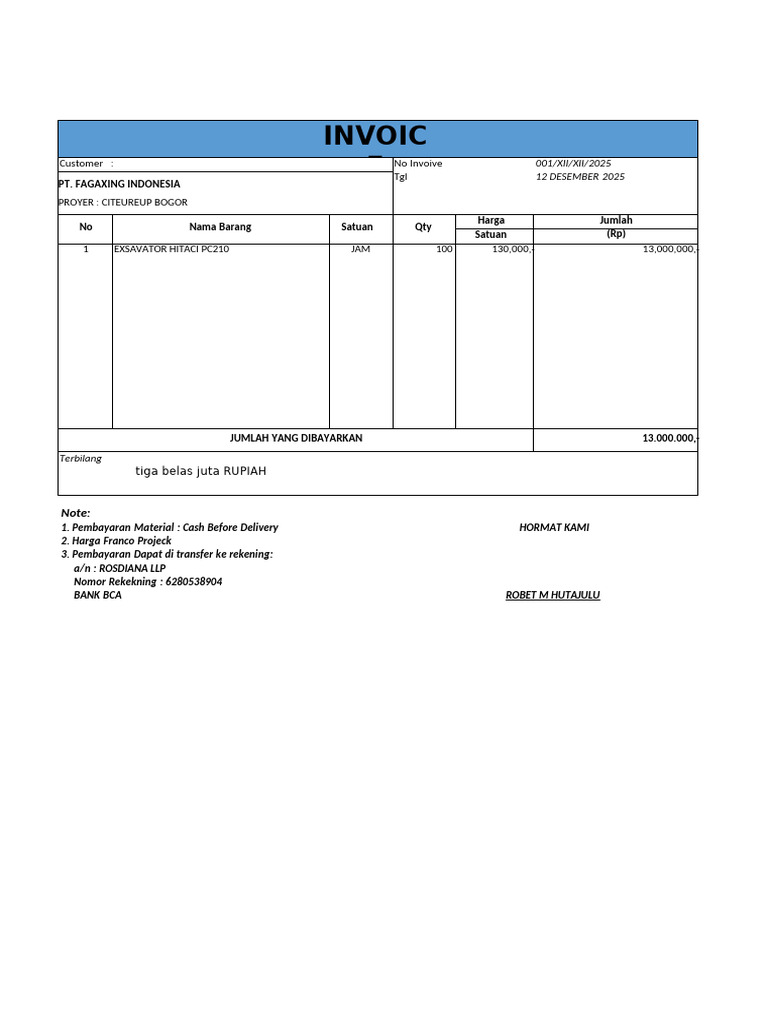 Invoice Pembelian Ekskavator Hitachi | PDF