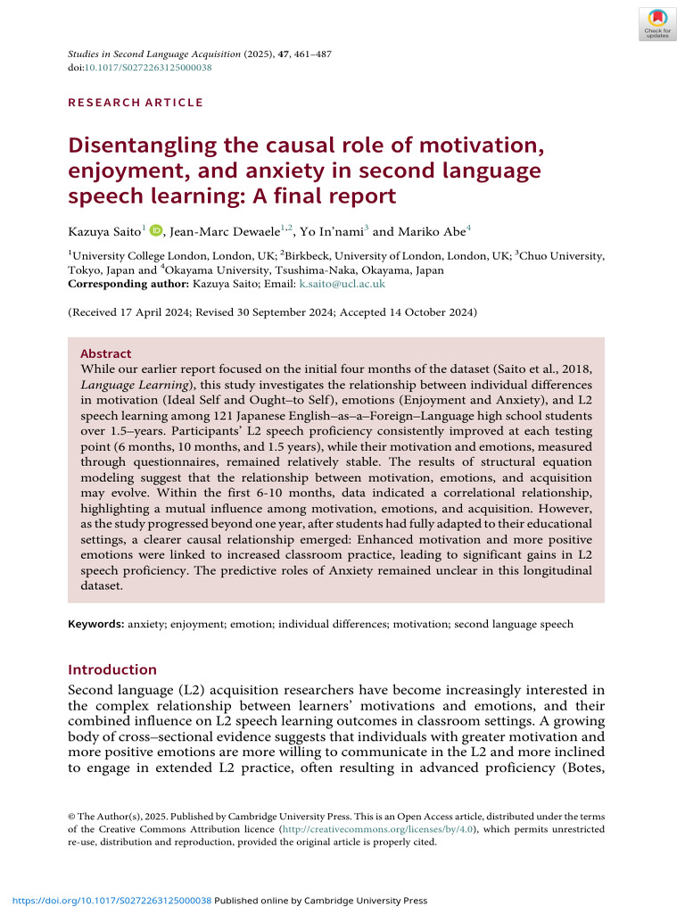 Disentangling the Causal Role of Motivation Enjoyment and Anxiety in Second Language Speech ...