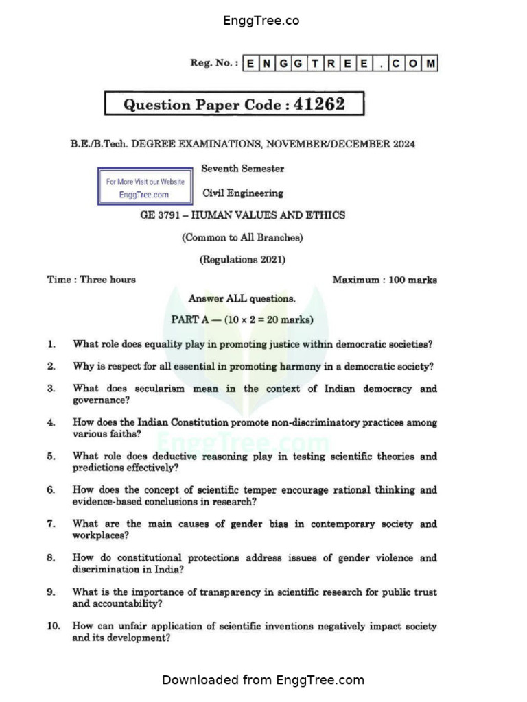 GE3791 Human Values and Ethics Nov Dec 2024 Question Paper Download | PDF