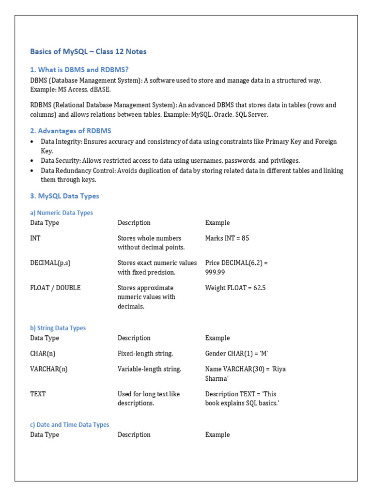 Basics of MySQL Class12 (2) | PDF | Relational Database | Table (Database)