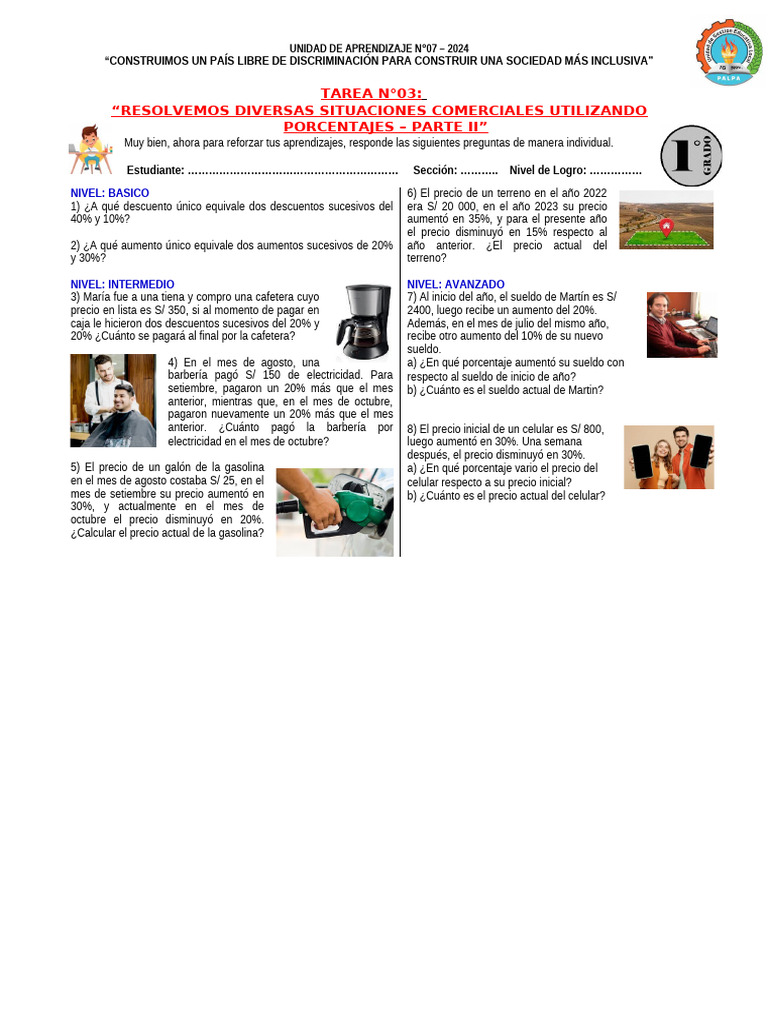 TAREA 3-1ERO-UA7-2024 | PDF | Porcentaje