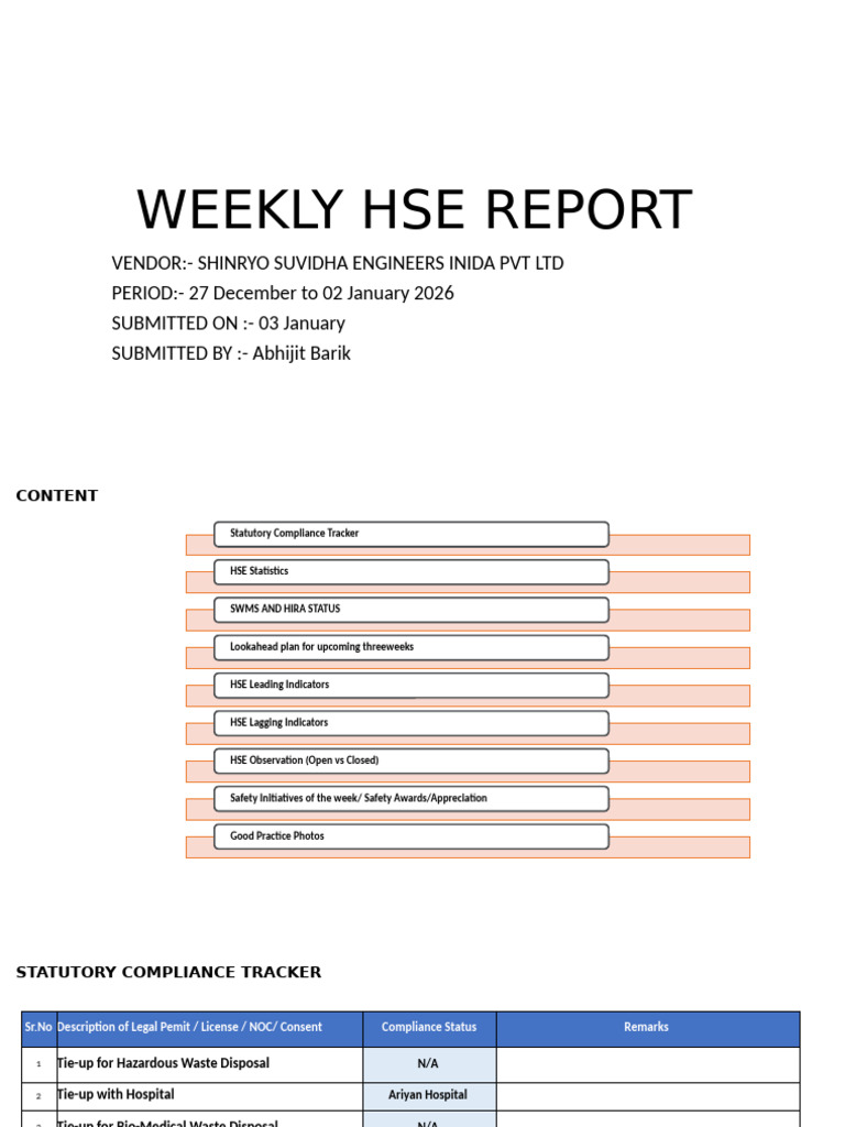 WEEKLY HSE REPORT Shinryo Suvidha Engineers India Pvt Ltd. 27 December ...