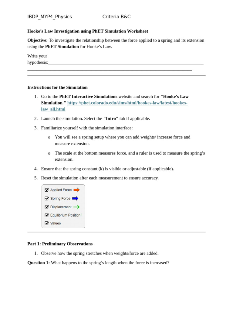 Hooke's Law Simulation Worksheet | PDF | Force | Simulation