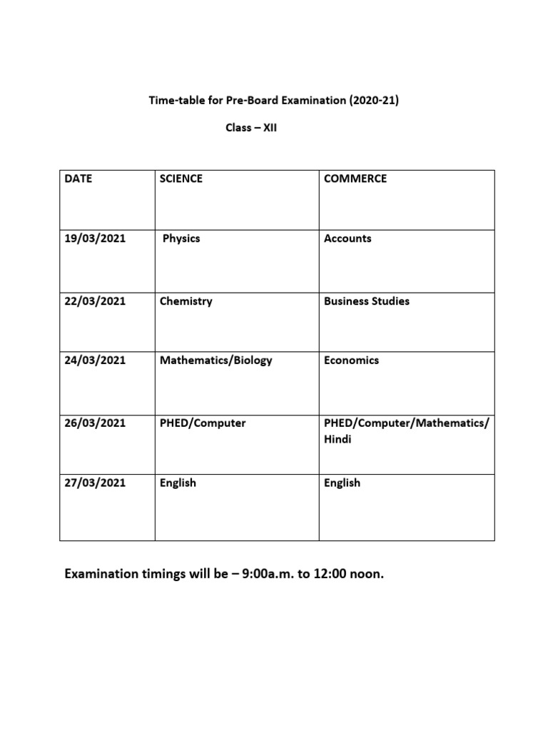 XII Pre Board Time Table | PDF