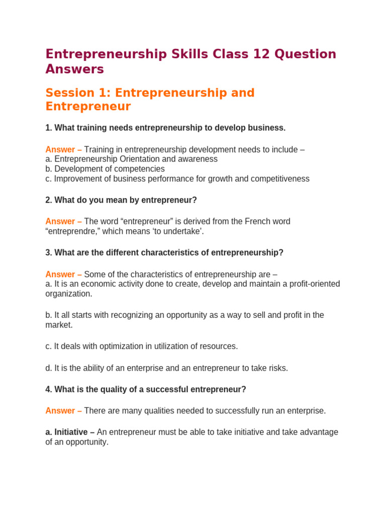 Class 12 Entrepreneurship Skills Guide | PDF