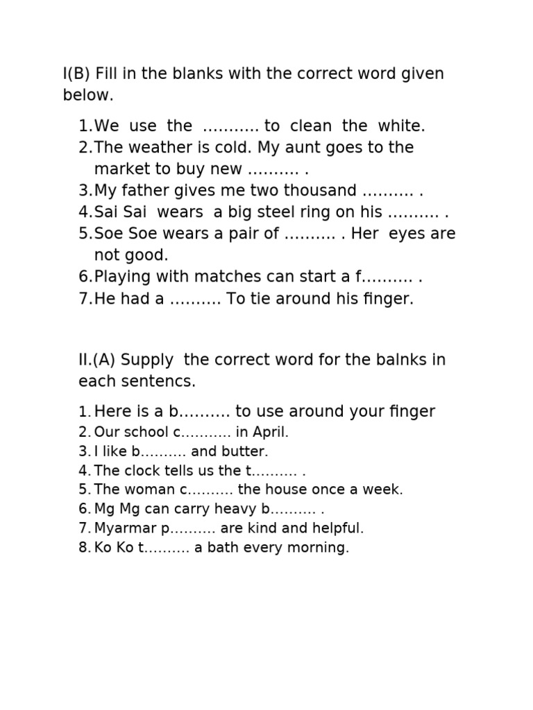 Fill in the Blanks Vocabulary Exercise | PDF