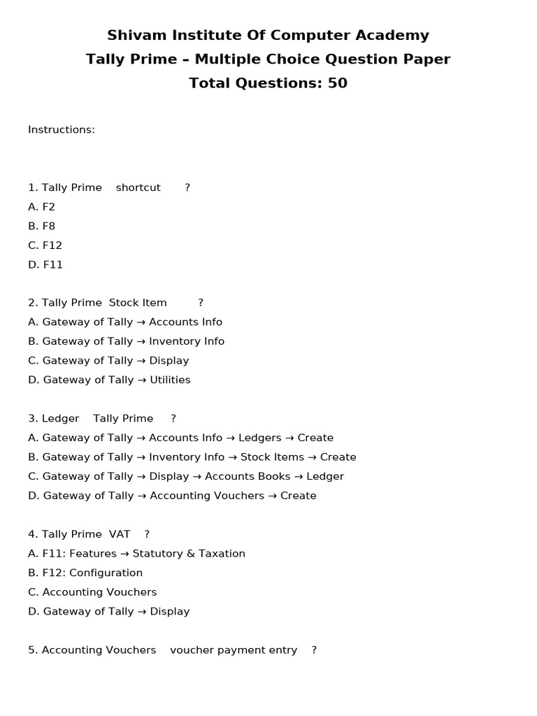 Tally Prime MCQ Question Paper | PDF