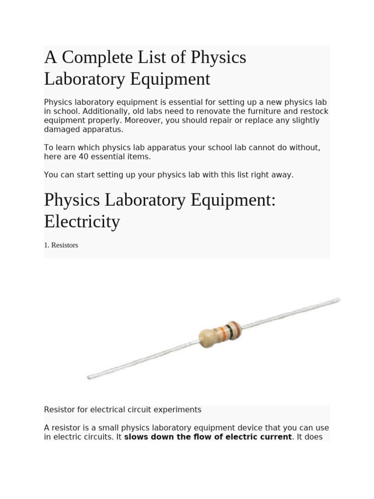 A Complete List of Physics Laboratory Equipment | PDF | Optics | Voltage