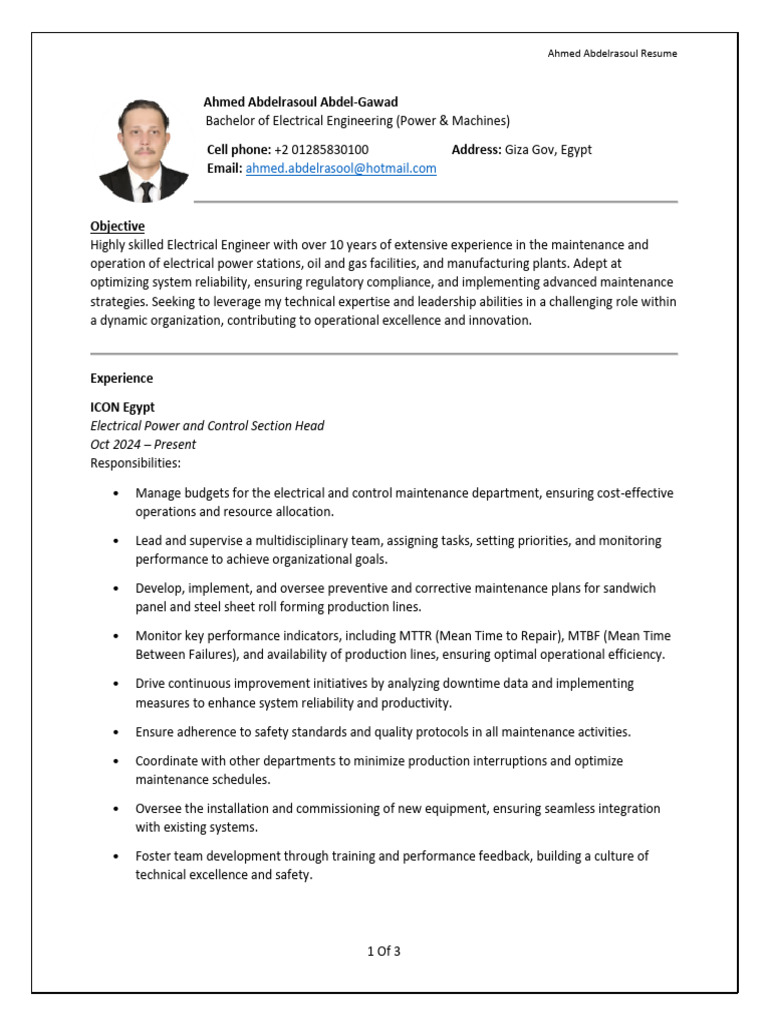 Ahmed Abdelrasoul Resume RVE001 Jan 2025 | PDF | Reliability Engineering