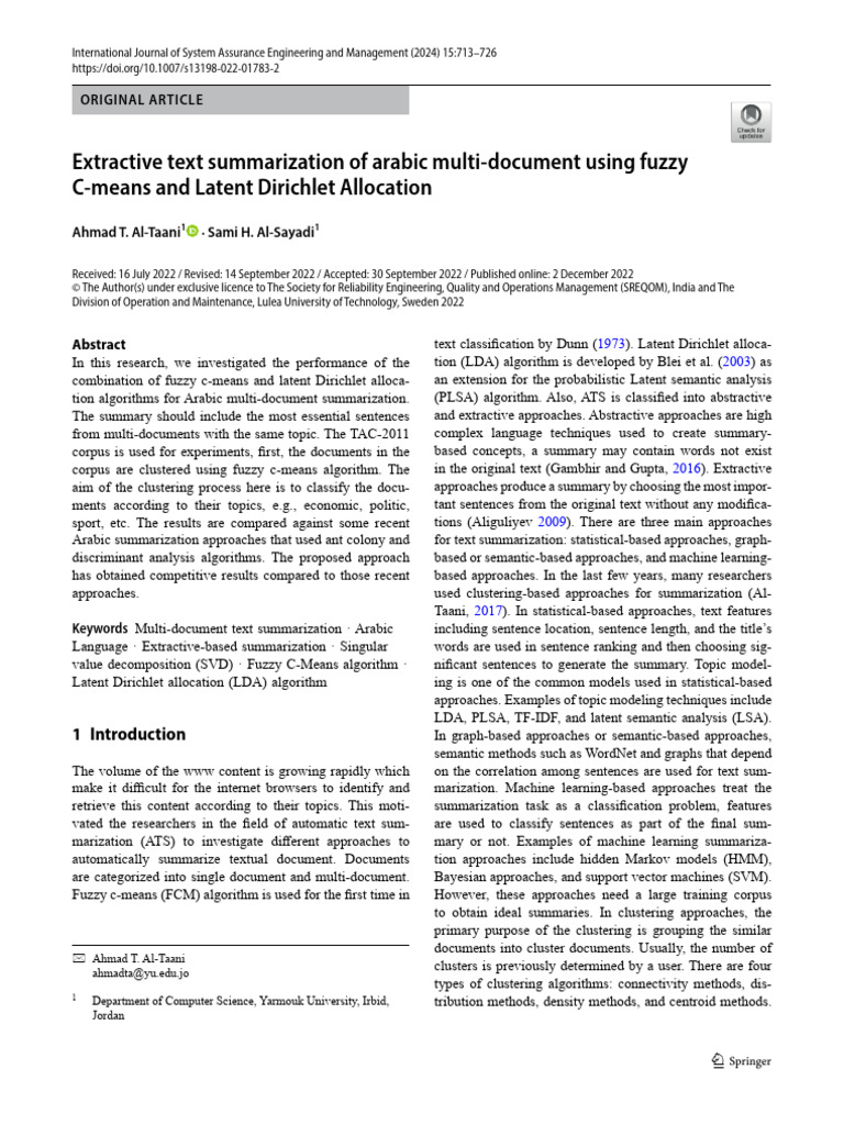 Arabic Multi-Document Summarization Using FCM and LDA | PDF | Cluster ...