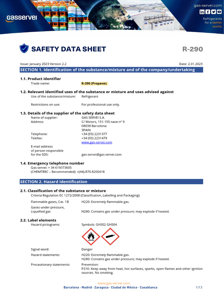 R-290 Propane Safety Data Sheet | PDF | Dangerous Goods | Firefighting