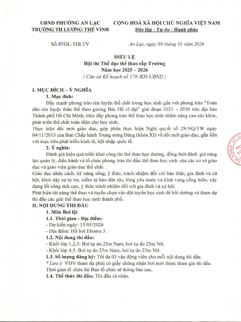 Điều Lệ Hội Thi Thể Dục Thể Thao Cấp Trường 2025-2026 | PDF