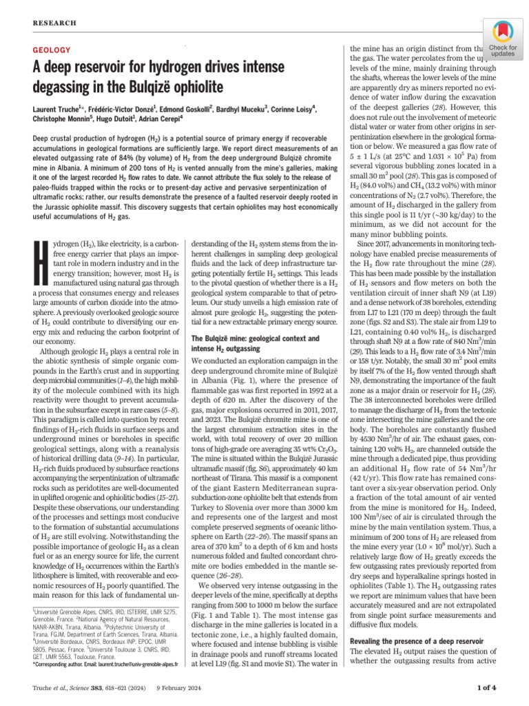 A Deep Reservoir for Hydrogen Drives Intense Degassing in the Bulqizë ...
