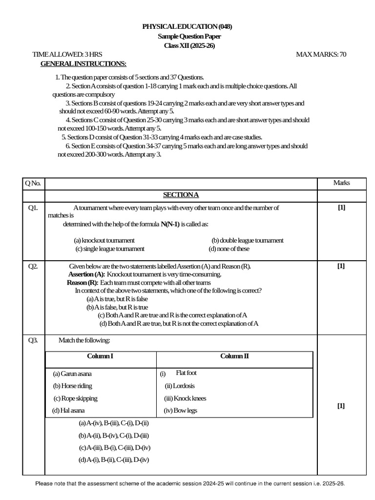 Class XII Physical Education Sample Paper | PDF | Breathing | Scoliosis